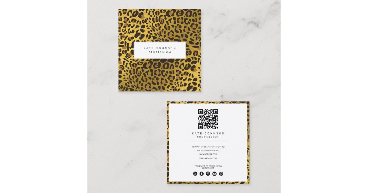 Animal Skin Leopard Print Pattern Gold QR Code Square Business Card ...