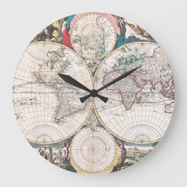Antique Double-Hemisphere World Map Large Clock | Zazzle