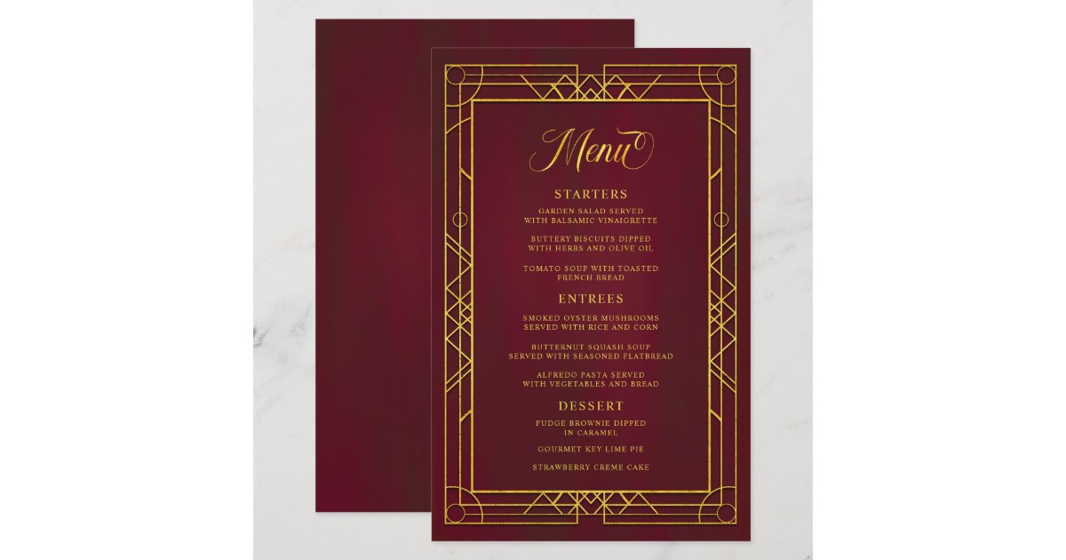 Antique Geometric Gold Frame Burgundy Wedding Menu | Zazzle