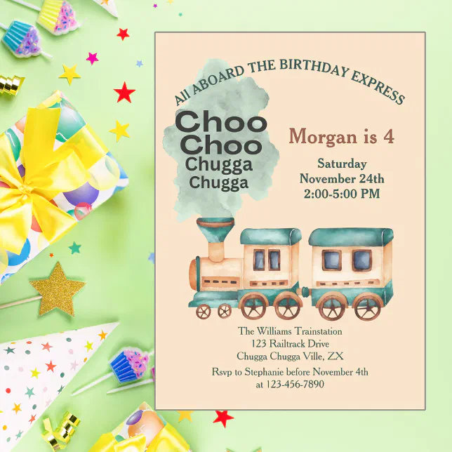 Any Age Birthday Train Party All Aboard Watercolor Invitation | Zazzle