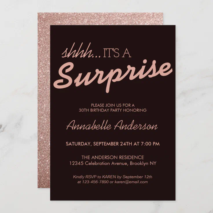 Any Age Pink Rose Gold Glitter Surprise Birthday Invitation Zazzle