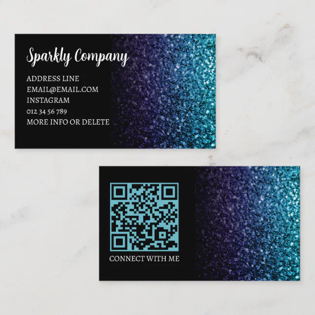 Aqua blue Ombre faux sparkle black elegant QR code Business Card | Zazzle