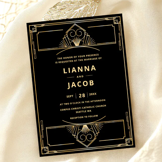 Art Deco Black Gold Wedding Invitation | Zazzle