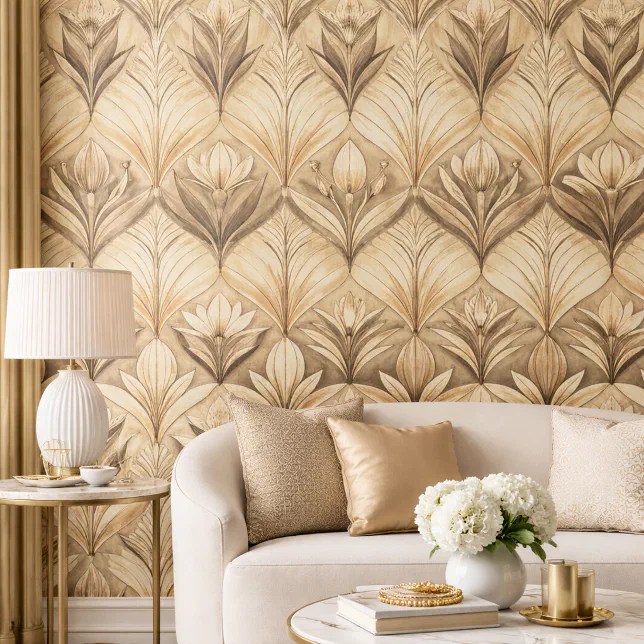 Art Deco Tulip Gold Sepia Pattern Wallpaper | Zazzle