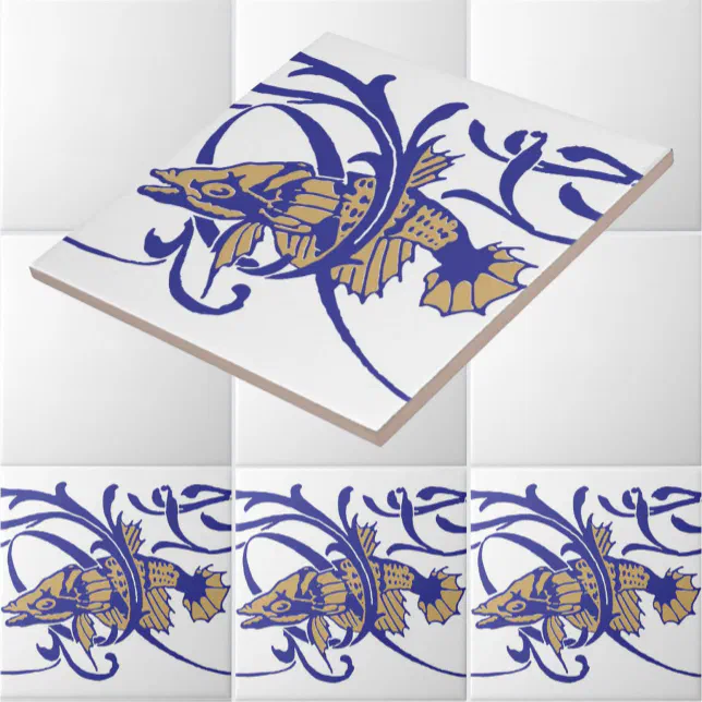 Art Nouveau 1905 Fish & Seaweed Frieze Pattern Ceramic Tile | Zazzle