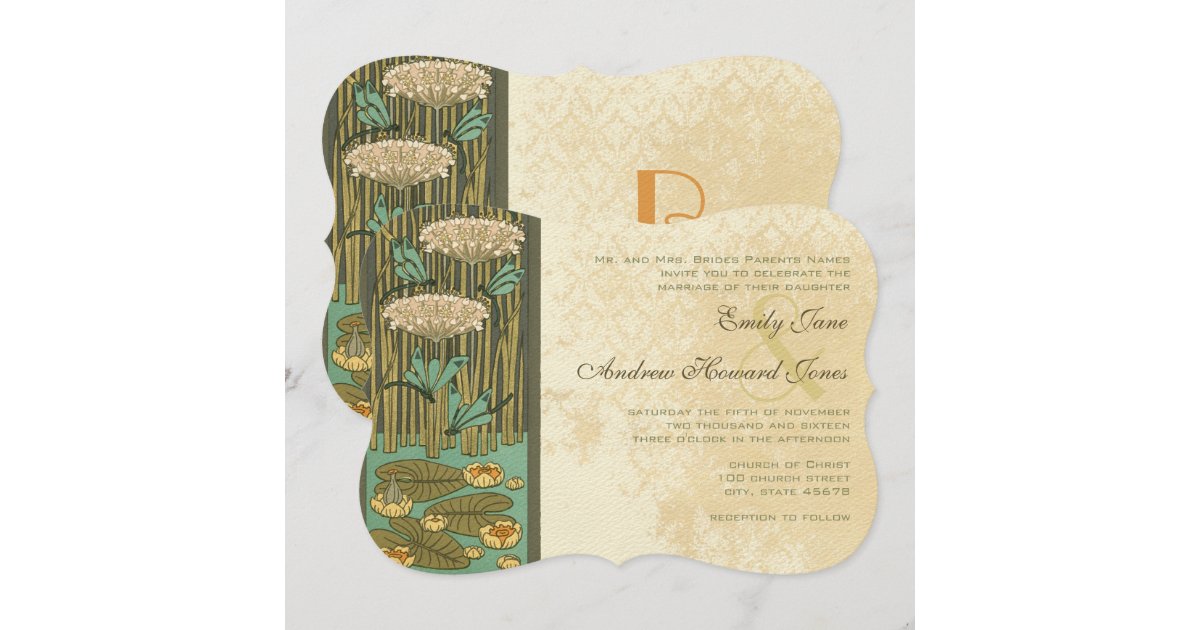 Art Nouveau Dragonfly Lily Pad Wedding Invitation | Zazzle