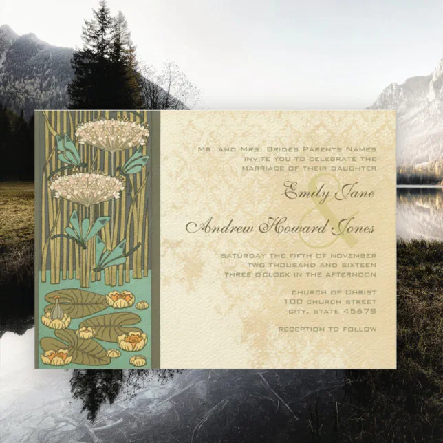 Art Nouveau Dragonfly Lily Pad Wedding Invitation | Zazzle