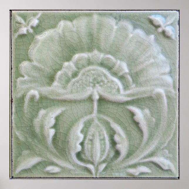 Art nouveau jugendstil flower tile gray green poster | Zazzle