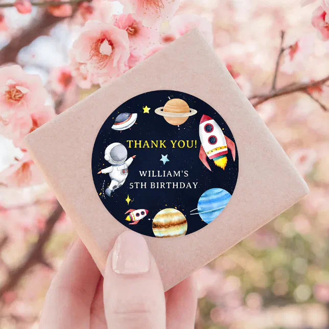 Astronaut Outer Space Birthday Thank You Classic Round Sticker | Zazzle