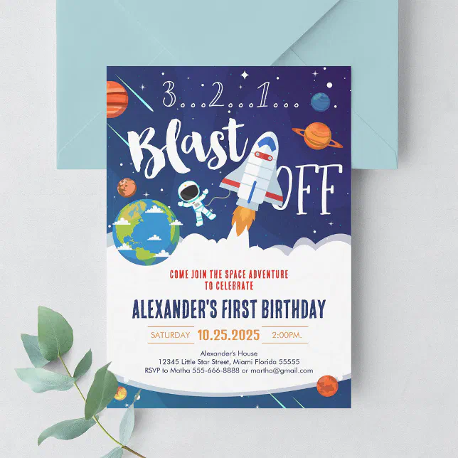 Astronaut Planet Outer Space Rocket Ship Party Invitation | Zazzle