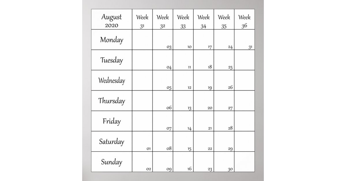 august 2020 planner calendar with week number poster | Zazzle