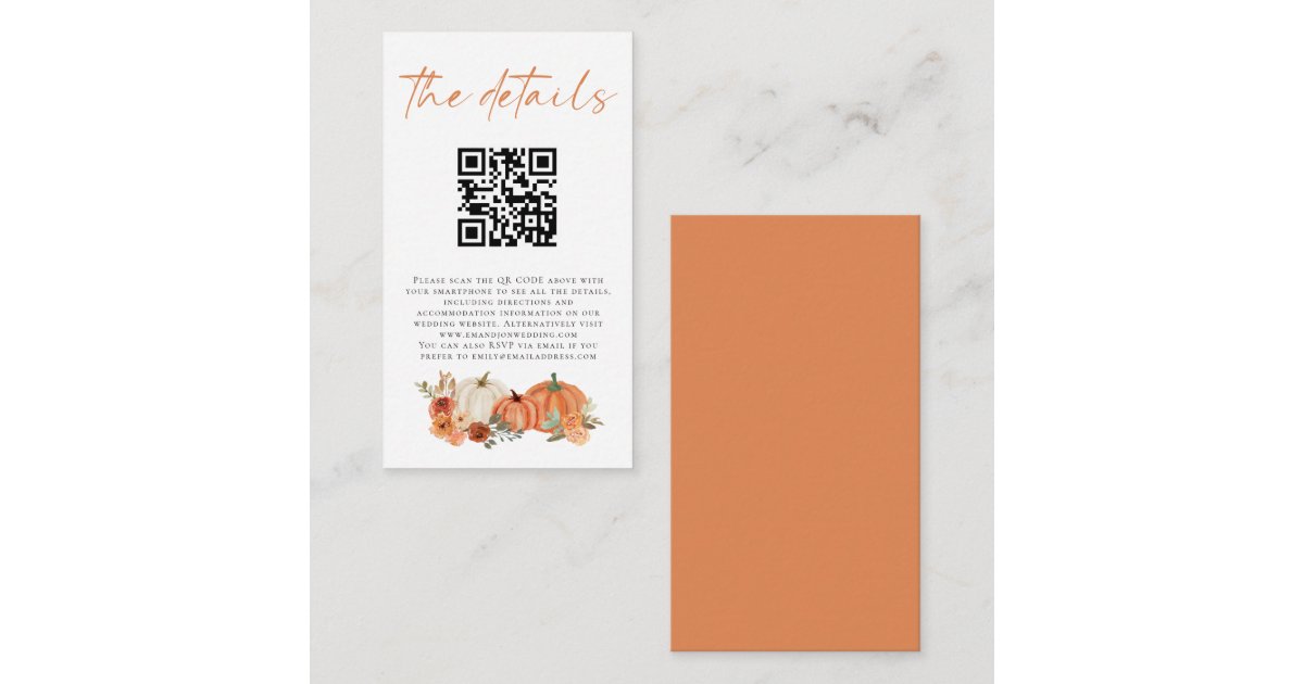 Autumn Pumpkins Florals QR Code Wedding Details Enclosure Card | Zazzle