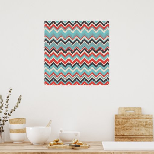Aztec Tribal Chevron Zig Zag Pattern Red Blue Grey Poster | Zazzle