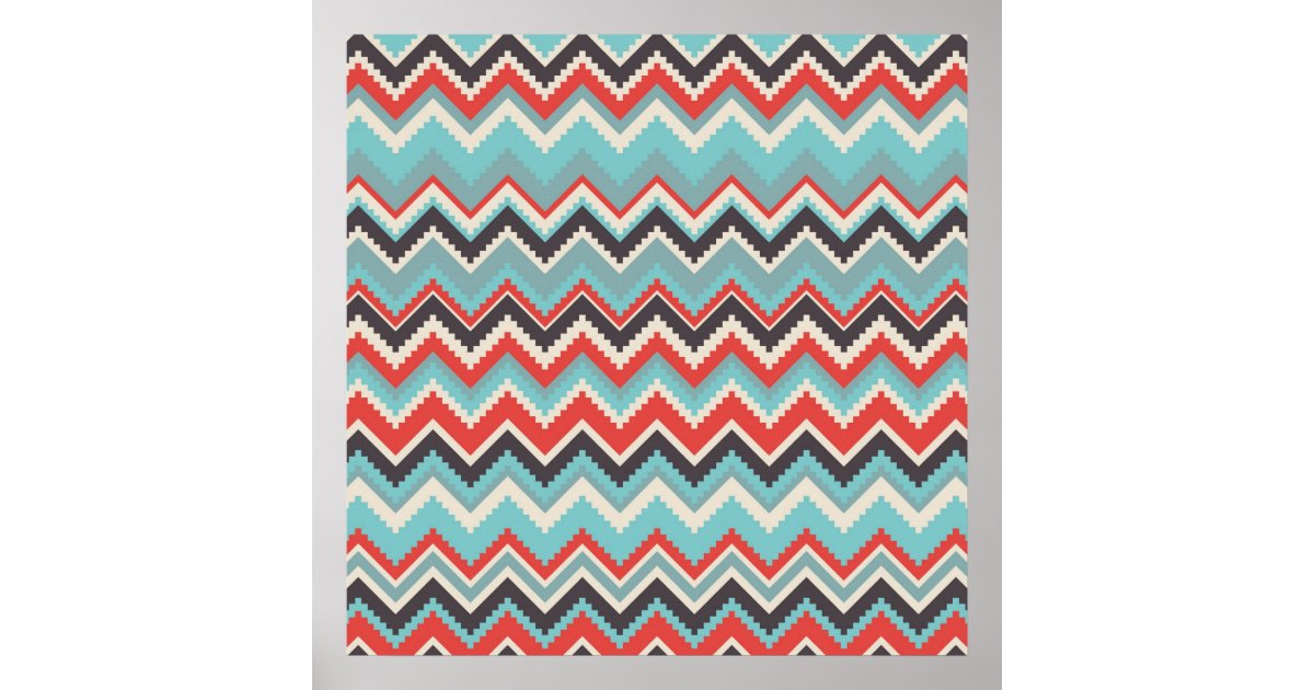 Aztec Tribal Chevron Zig Zag Pattern Red Blue Grey Poster | Zazzle