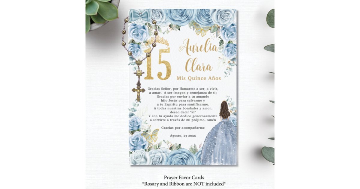 Baby Blue Floral Princess Quinceañera Prayer Card | Zazzle