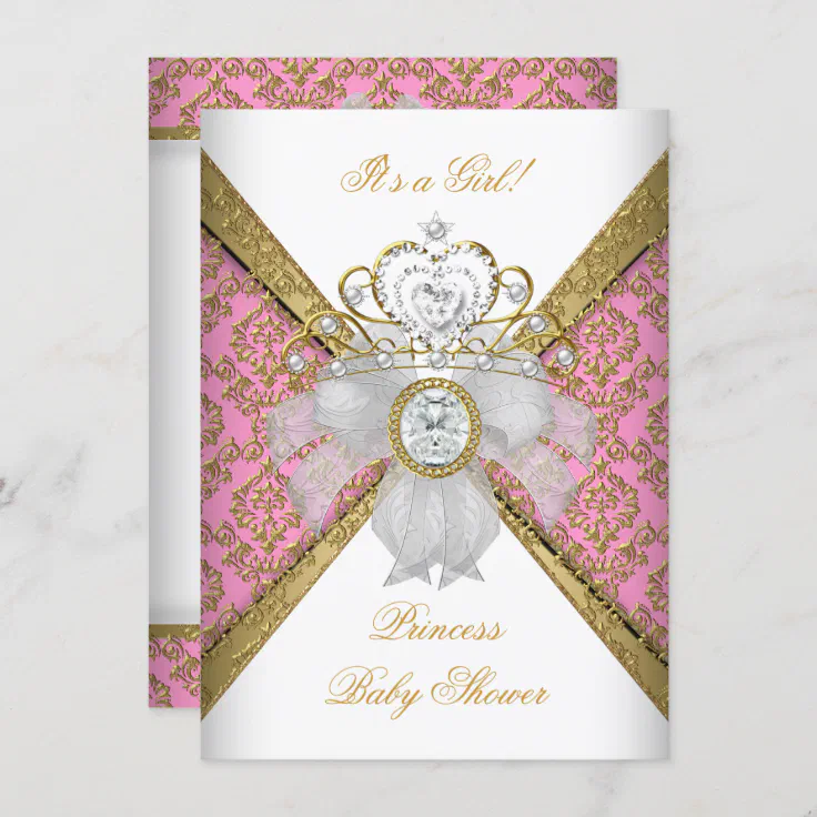 Baby Shower Girl White Pink Princess Damask Invitation | Zazzle
