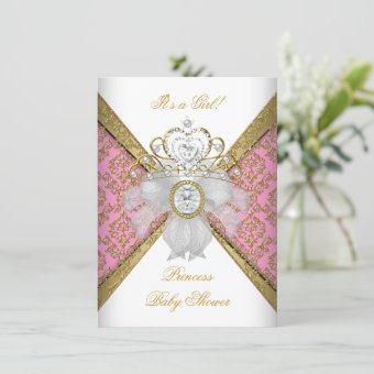 Baby Shower Girl White Pink Princess Damask Invitation | Zazzle