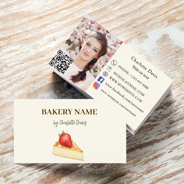 Bakery beige cream cake pastry QR code photo Business Card | Zazzle
