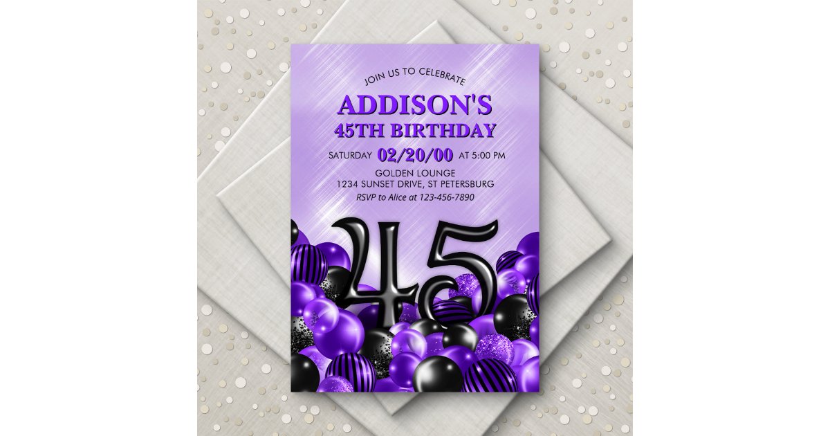 Balloons Purple 45th Birthday Invitation | Zazzle