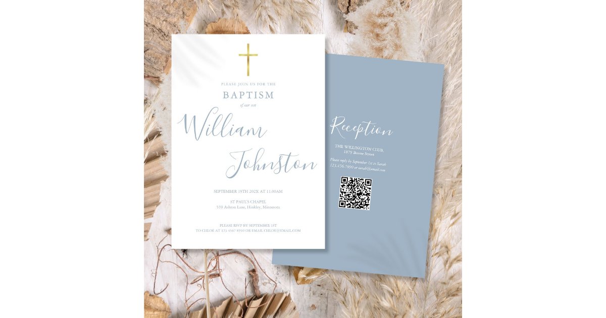 Baptism Christening Gold Cross Dusty Blue QR Code Invitation | Zazzle