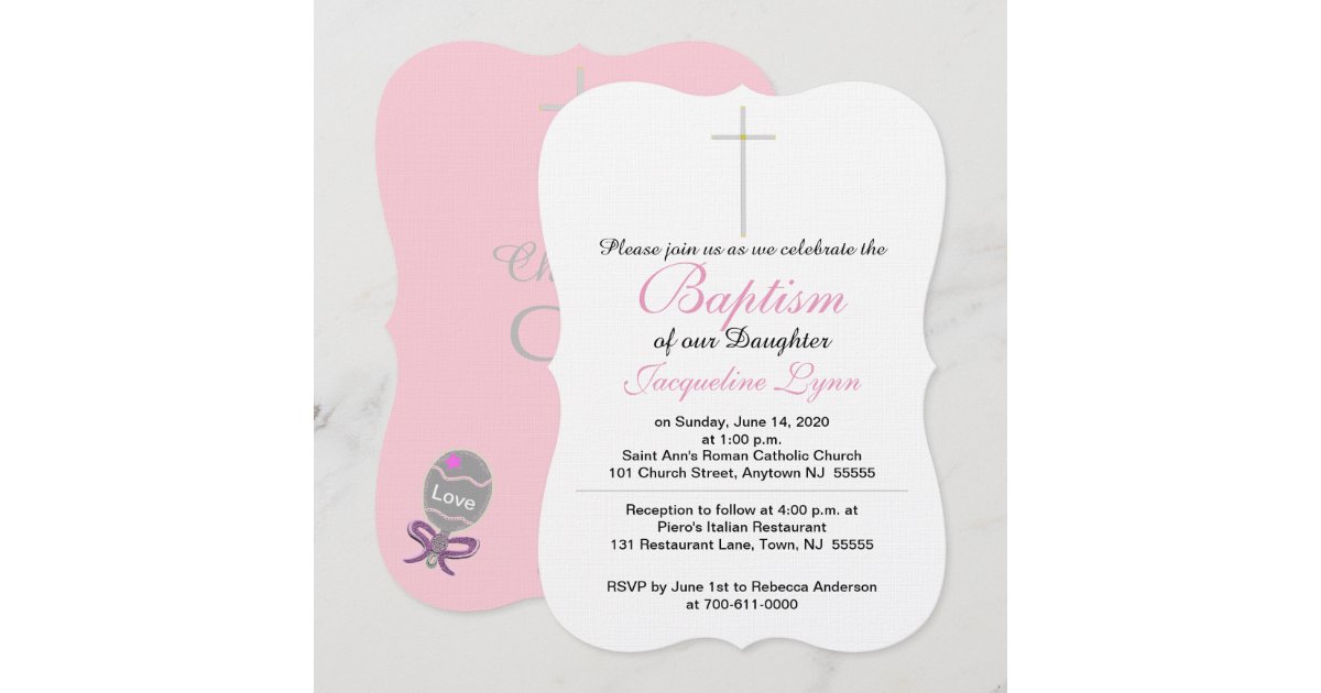 Baptism Cross Pink Baby Rattle Daughter Invitation | Zazzle