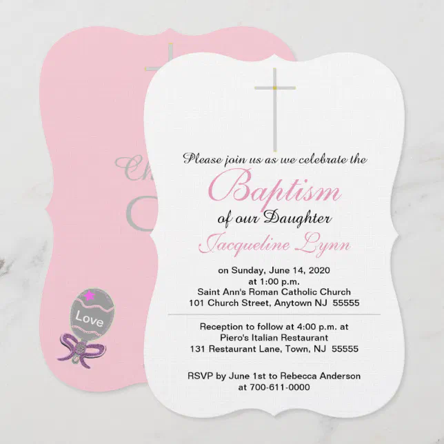 Baptism Cross Pink Baby Rattle Daughter Invitation | Zazzle
