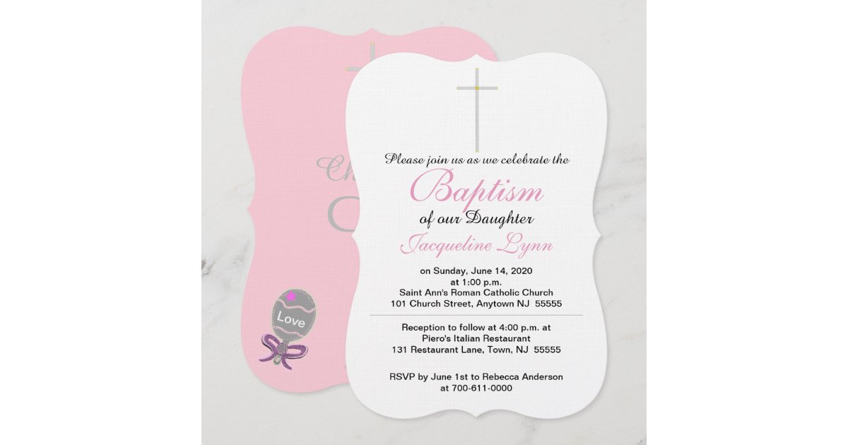 Baptism Cross Pink Baby Rattle Daughter Invitation | Zazzle