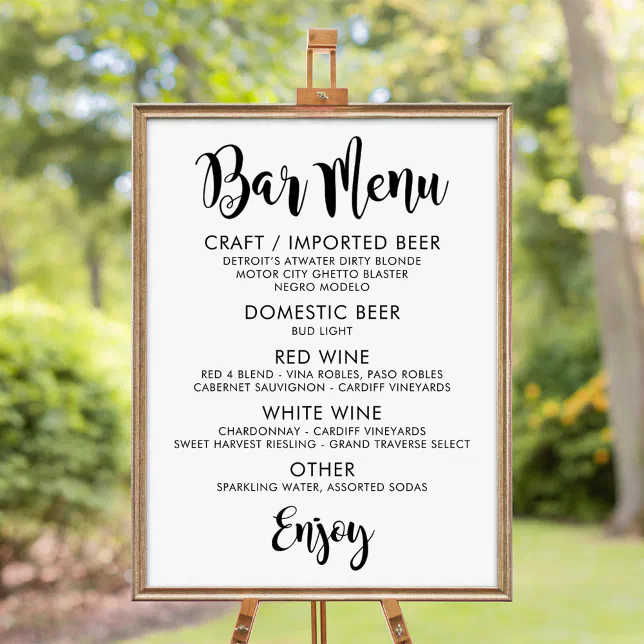 Bar Menu Modern Black Handwritten Script Wedding Poster | Zazzle