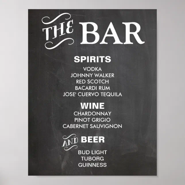 BAR MENU sign for wedding and party reception | Zazzle