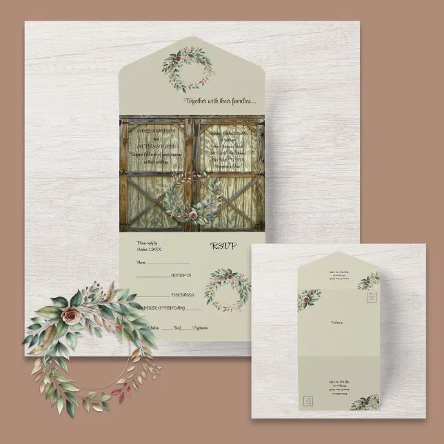 Barn Door and Floral All in One Wedding Invitation | Zazzle