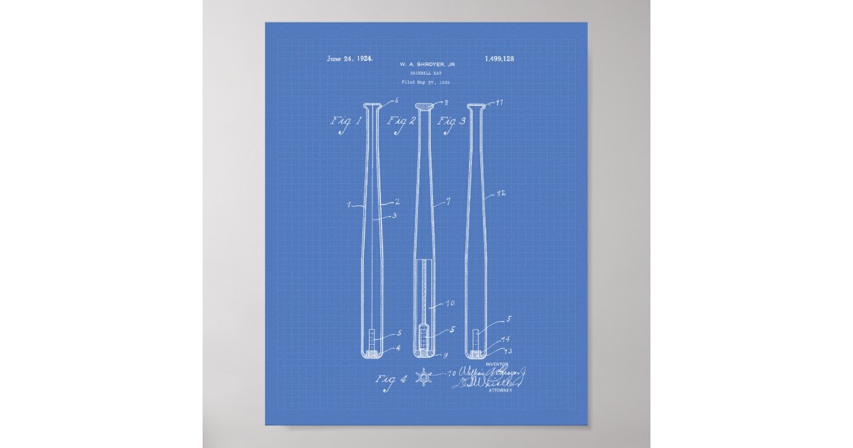 Baseball Bat 1924 Patent Art - Blueprint Poster | Zazzle