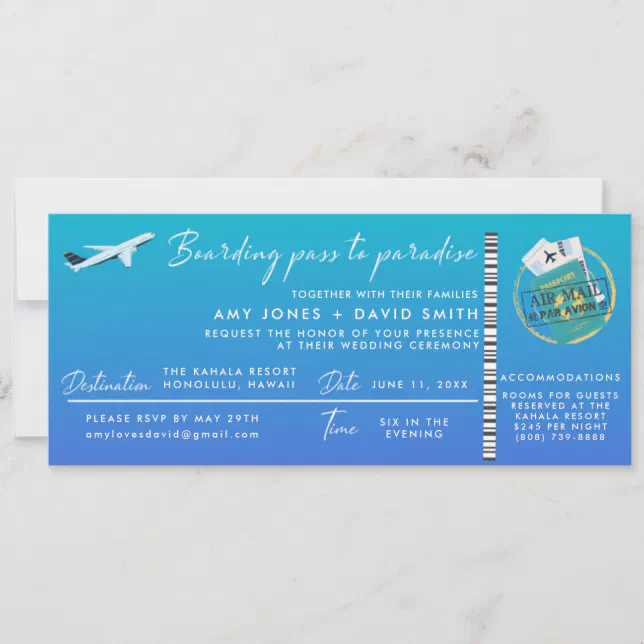 Beach Destination Wedding Boarding Pass Invitation | Zazzle