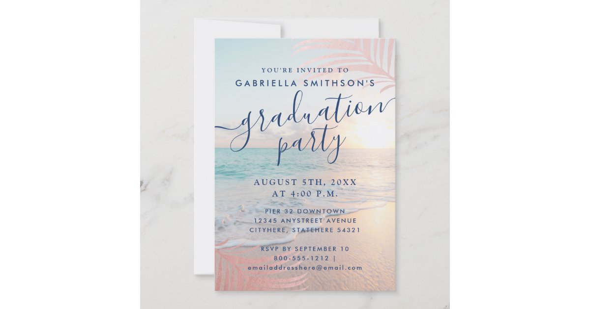 Beach Graduation Party Tropical Pink Palm Leaf Invitation | Zazzle