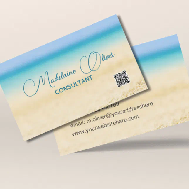 Beach Ocean Coastal QR Code Blue Modern Business Card | Zazzle