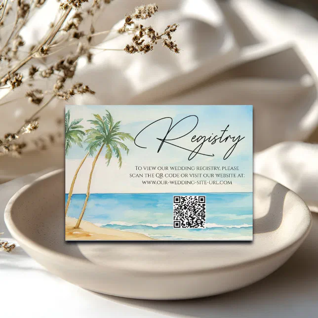 Beach Palm Trees QR Code Wedding Gift Registry Enclosure Card | Zazzle