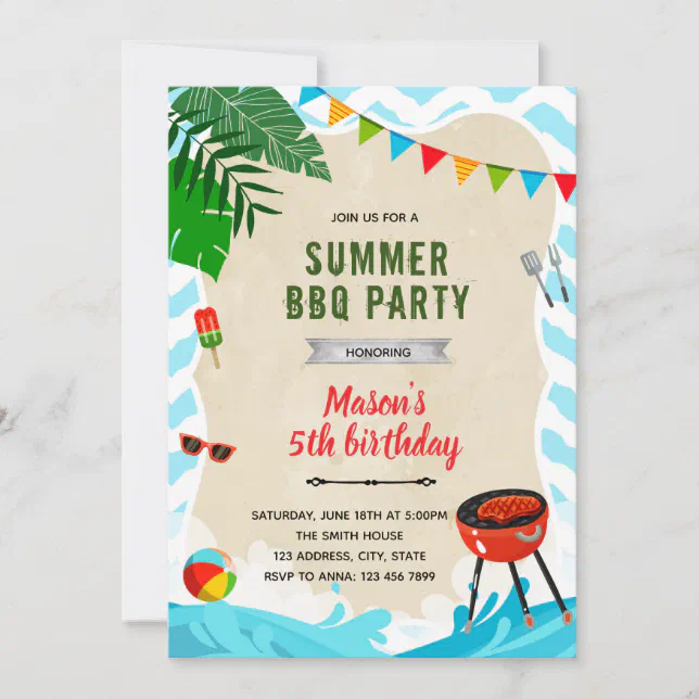 Beach pool bbq birthday party invitation | Zazzle
