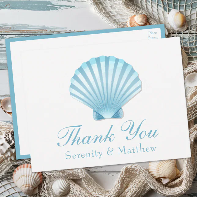 Beach Shell Blue Nautical Wedding Thank You Invitation Postcard | Zazzle