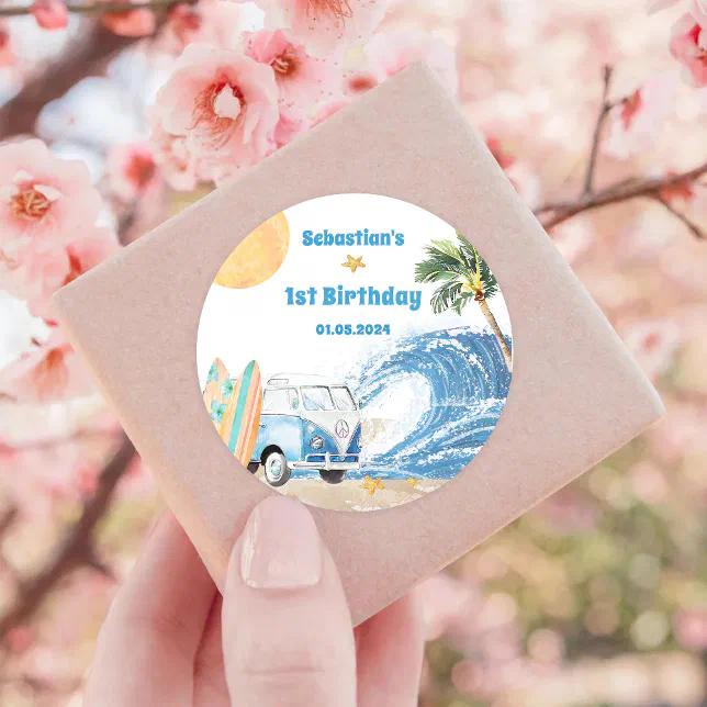 Beach Surfing Birthday Party Classic Round Sticker | Zazzle