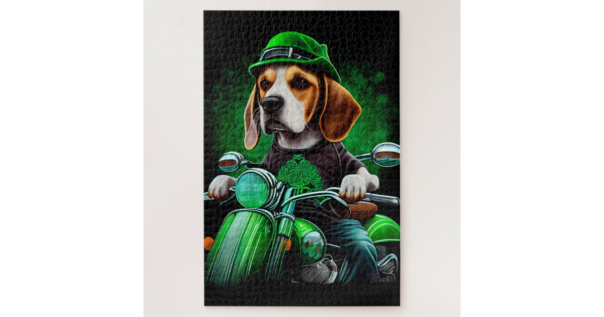 Beagle Dog driving bike St. Patrick's Day Jigsaw Puzzle | Zazzle