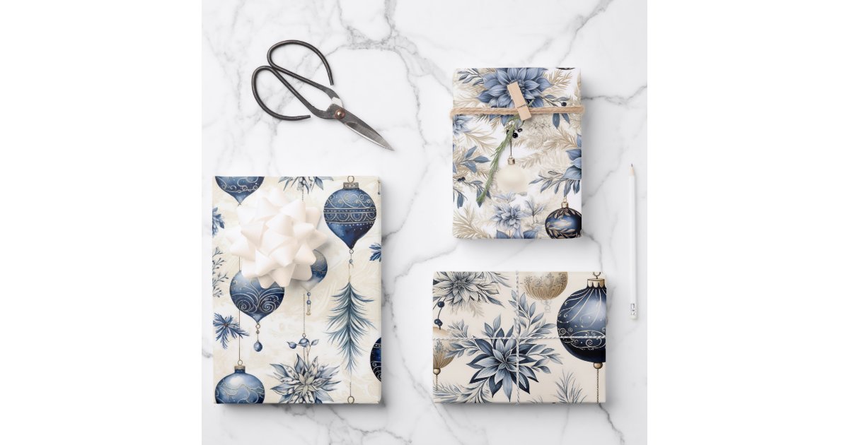 Beautiful Blue Christmas Bauble Mix Wrapping Paper Sheet | Zazzle