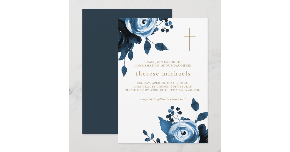 Beautiful Blue Floral Cross Confirmation Invitation | Zazzle