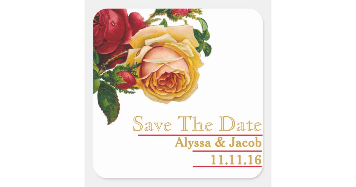 Beautiful Floral Gold Red Rose Save the Date Square Sticker | Zazzle