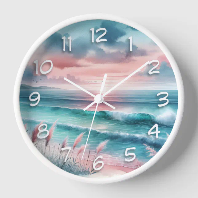 Beautiful Ocean Scene in Pink and Blue Clock | Zazzle