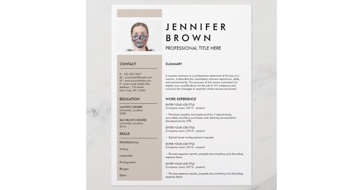 Beige Minimal resume cv with photography | Zazzle