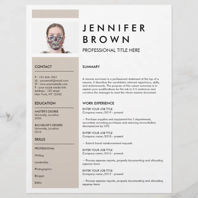 Beige Minimal resume cv with photography | Zazzle