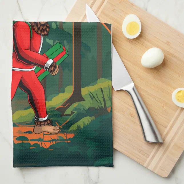 Bigfoot Santa Claus Sack of Gifts Tea Towel | Zazzle
