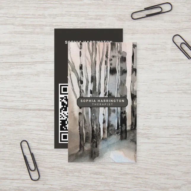 Birch Trees Custom QR Code Scannable Therapist Business Card | Zazzle