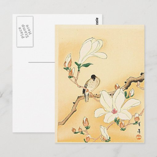 Bird on Magnolia Tree Japanese Woodblock Print Postcard | Zazzle