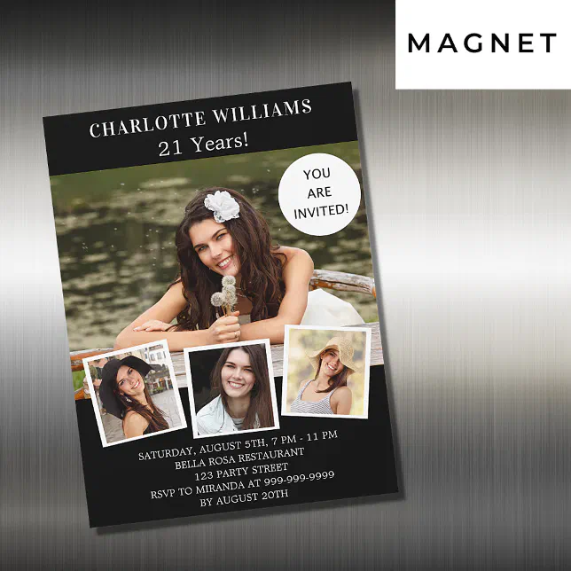 Birthday black white photo collage luxury magnetic invitation | Zazzle