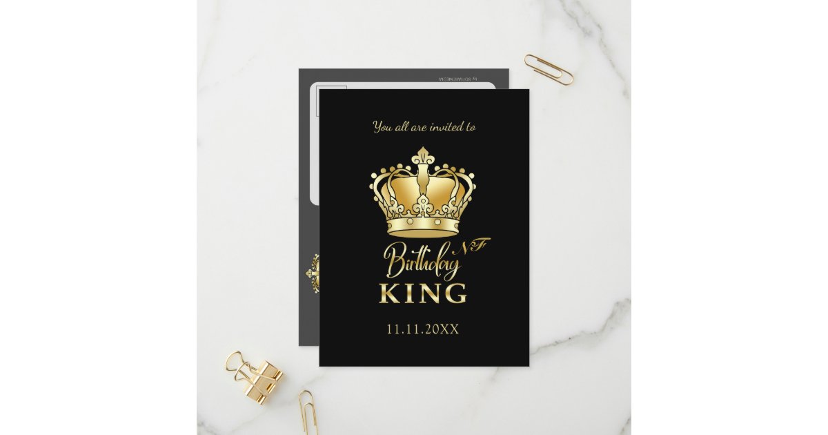 Birthday King Gold Crown Royal Monogram Luxury Invitation Postcard | Zazzle